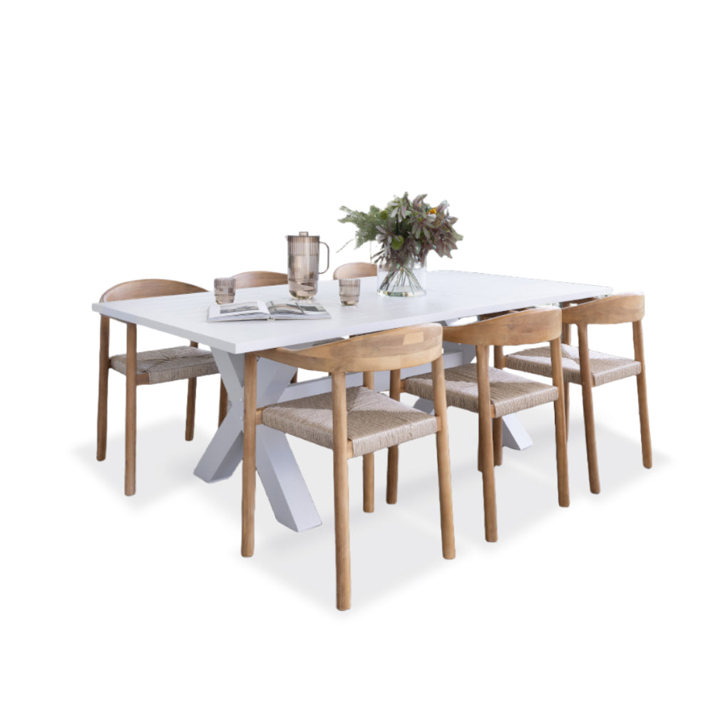 Tahitian 2.1m Aluminium Dining Table with 6 x Kotara Timber and Rattan ...