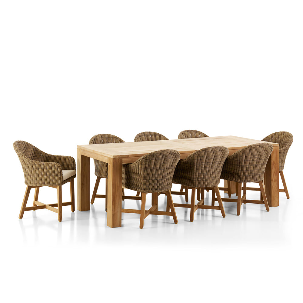 Pearl Outdoor 2.3m Teak Timber Dining Table with 8 Coastal Chairs ...
