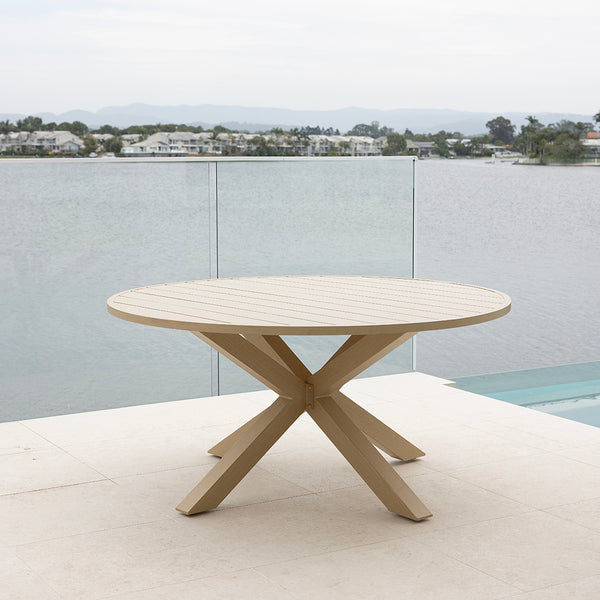 Houston Outdoor 1.5m Round Dining Table in Light Oak Timber Look Alumi